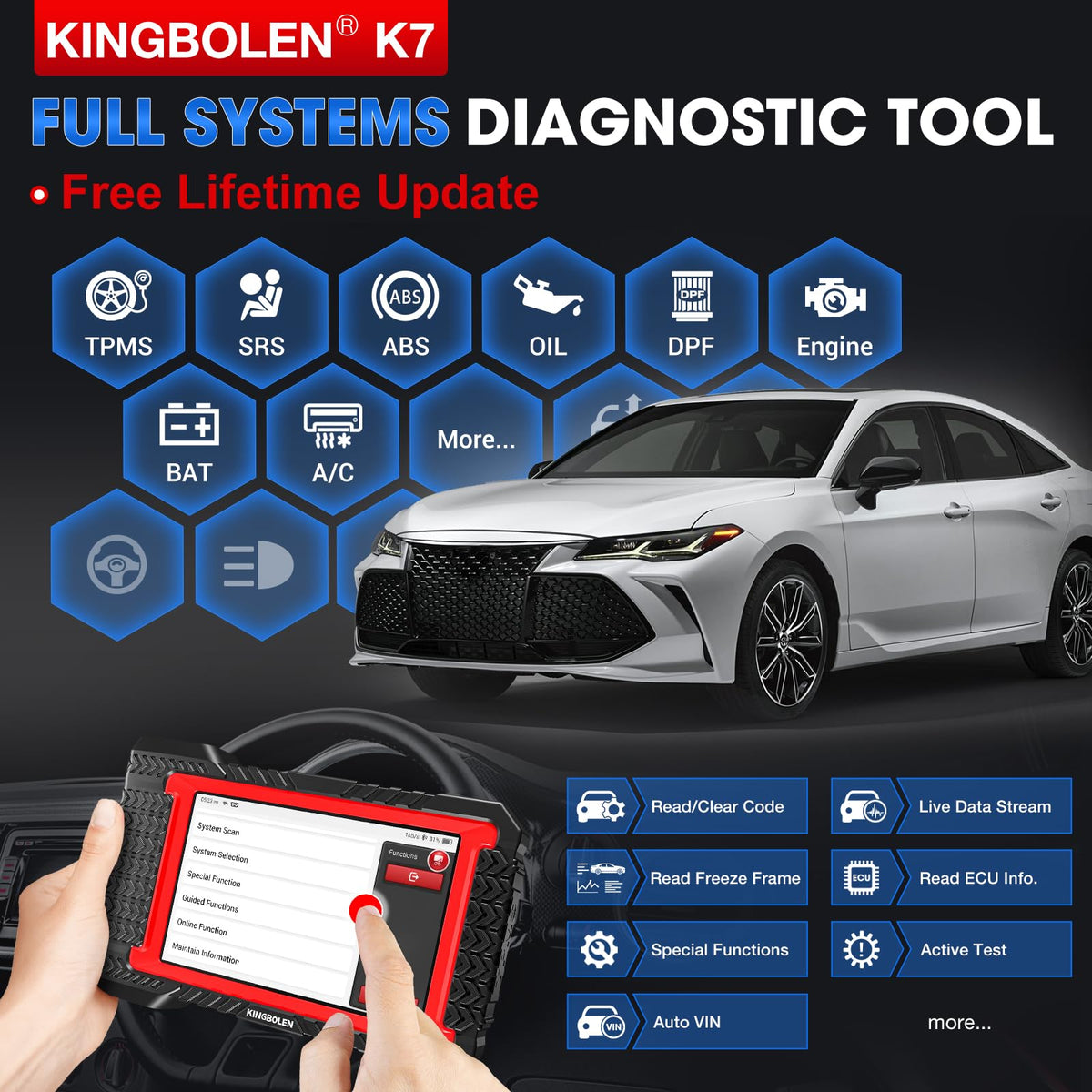KINGBOLEN K7 All System OBD2 Scanner with 3-Year Free update